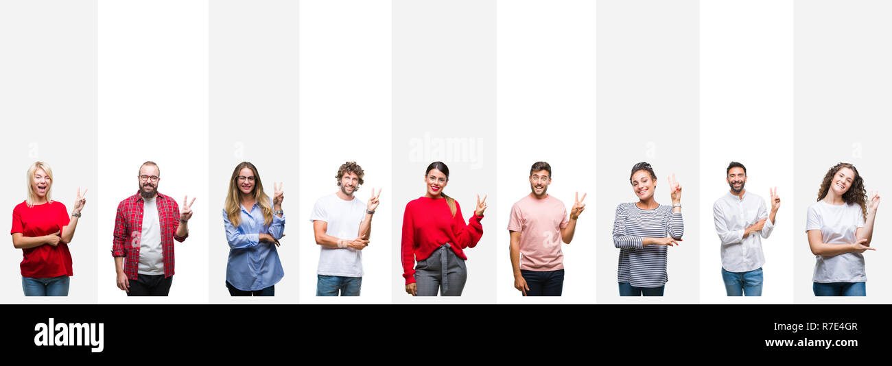 Collage of different ethnics young people over white stripes isolated ...