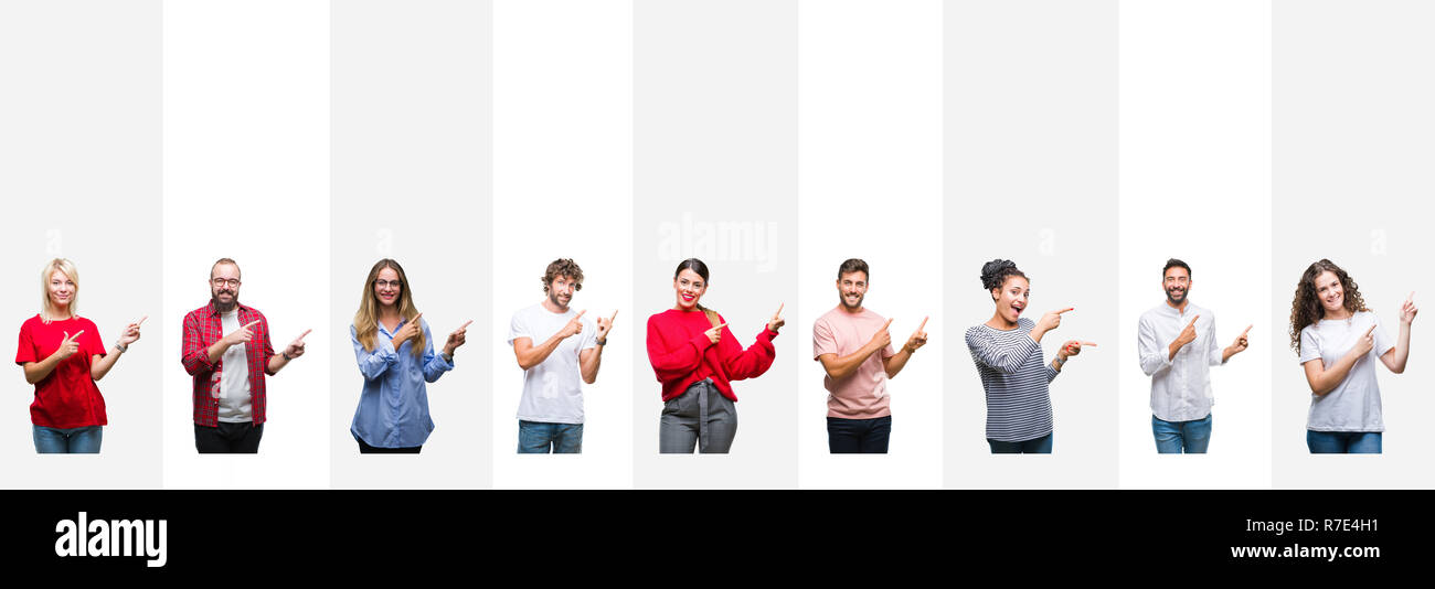 Collage of different ethnics young people over white stripes isolated ...