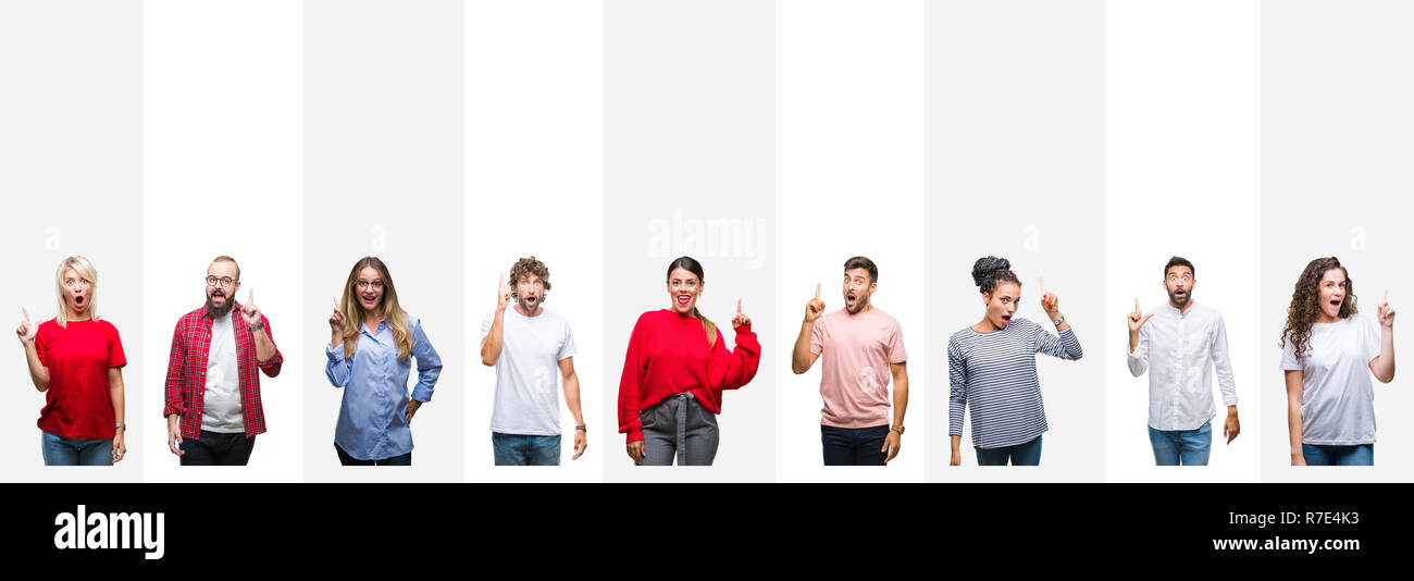 Collage of different ethnics young people over white stripes isolated ...