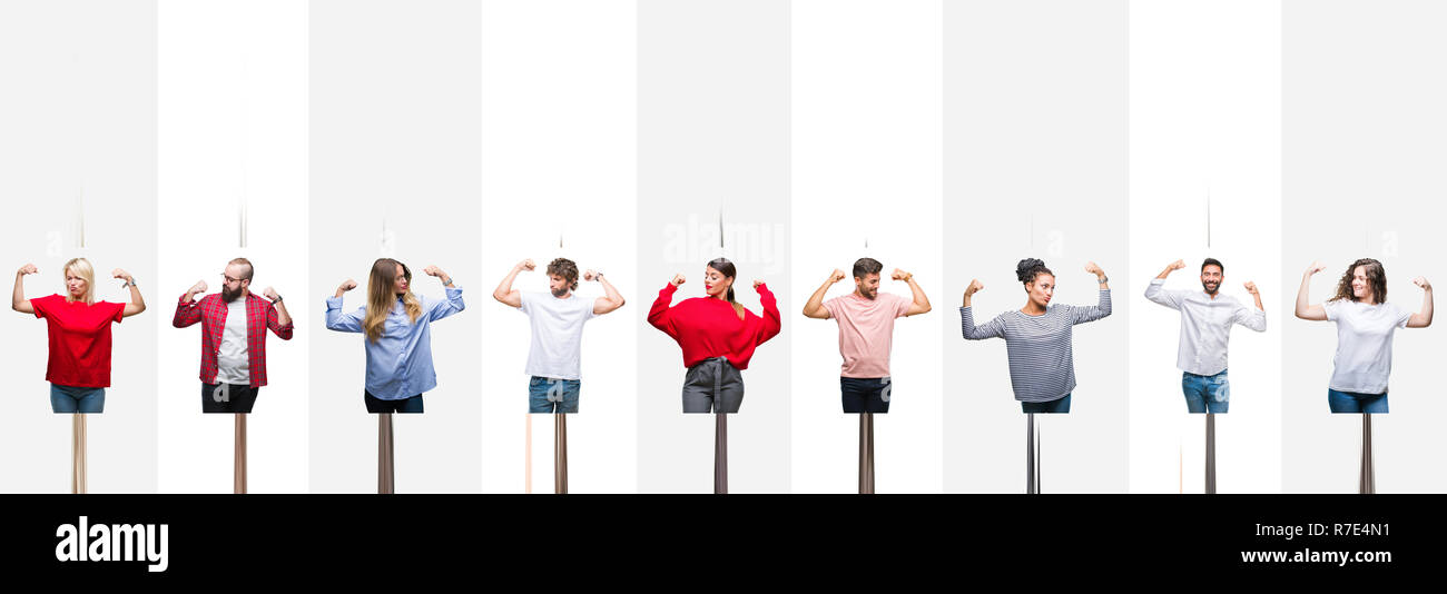 Collage of different ethnics young people over white stripes isolated ...