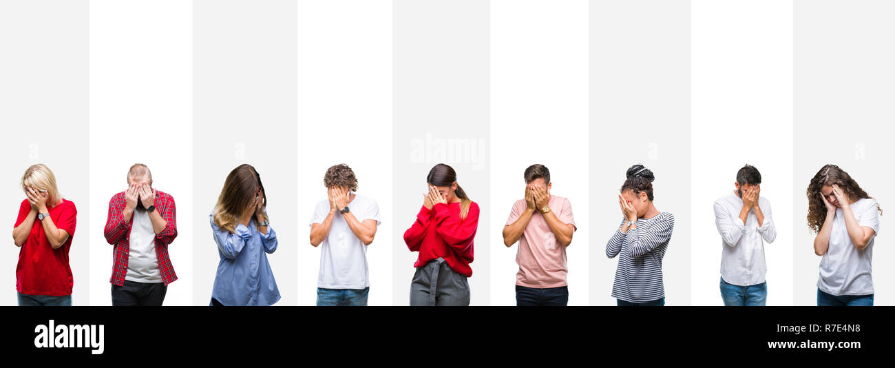 Collage of different ethnics young people over white stripes isolated ...