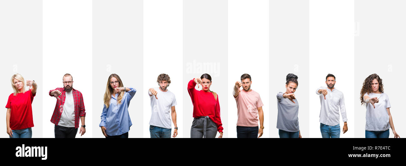 Collage of different ethnics young people over white stripes isolated ...