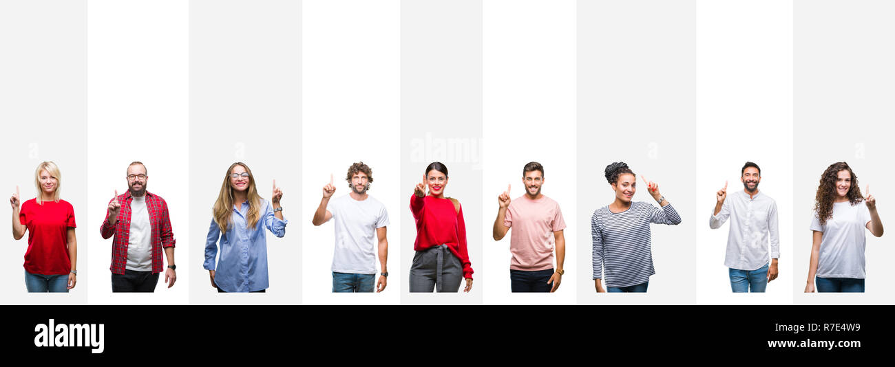 Collage of different ethnics young people over white stripes isolated ...