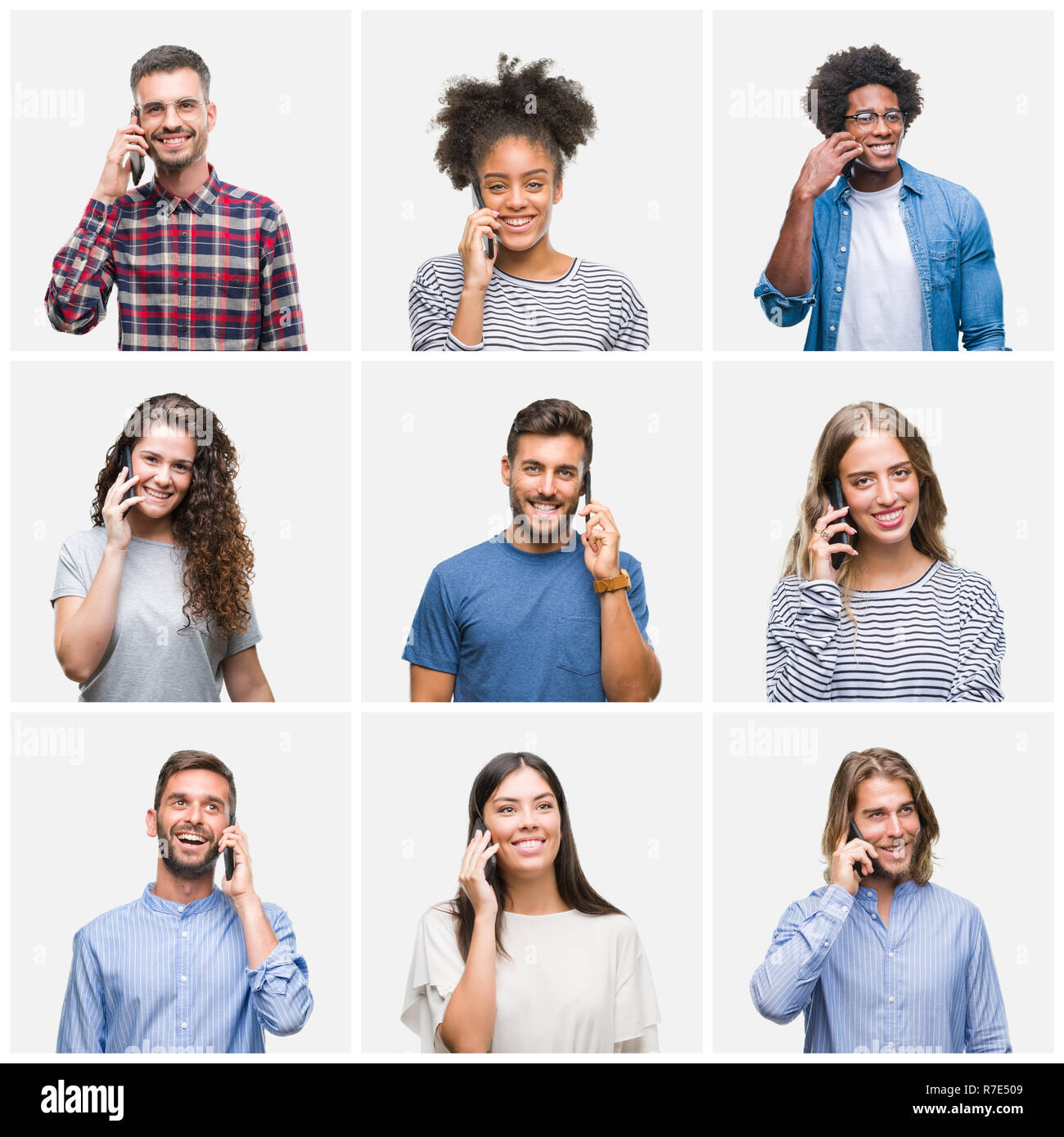 Collage of group of young people calling using smartphone over isolated ...