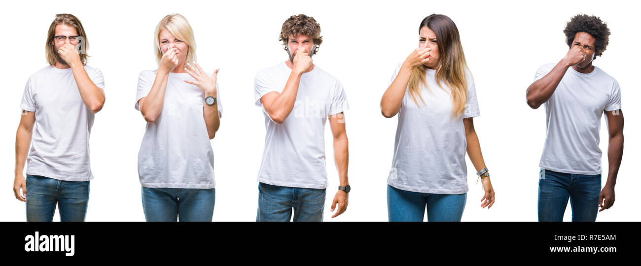 Collage of group of people wearing casual white t-shirt over isolated ...