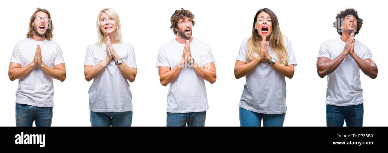Collage of group of people wearing casual white t-shirt over isolated ...