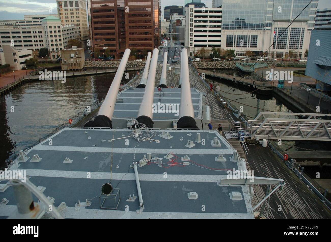 A topside view of the 16-inch triple barreled turrets 1 and 2 of the ...