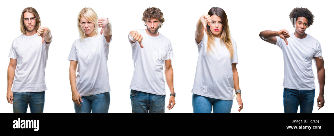 Collage of group of people wearing casual white t-shirt over isolated ...