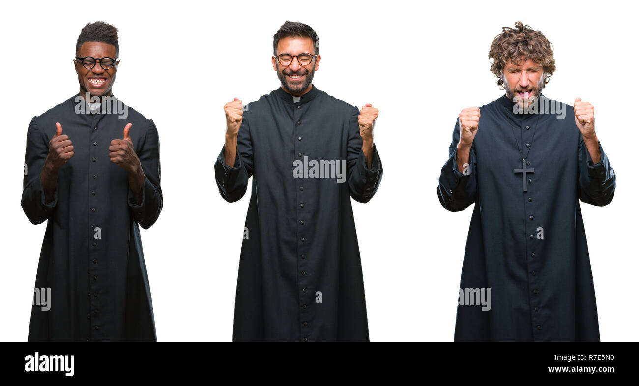 Collage of christian priest men over isolated background excited for ...
