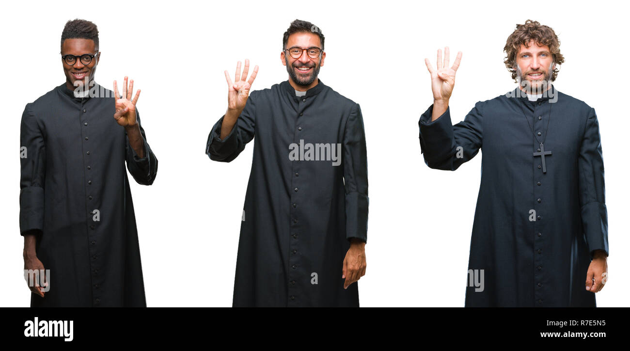 Collage of christian priest men over isolated background showing and ...