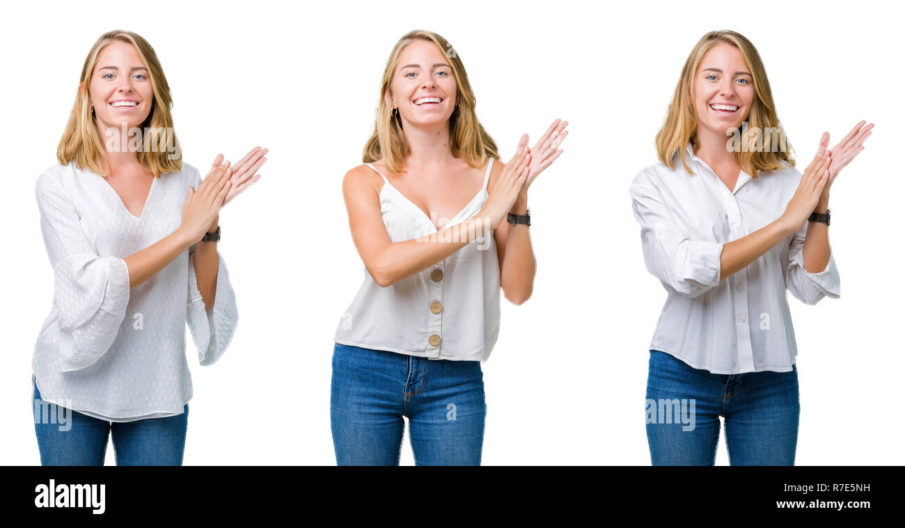 Collage of beautiful blonde woman over white isolated background ...