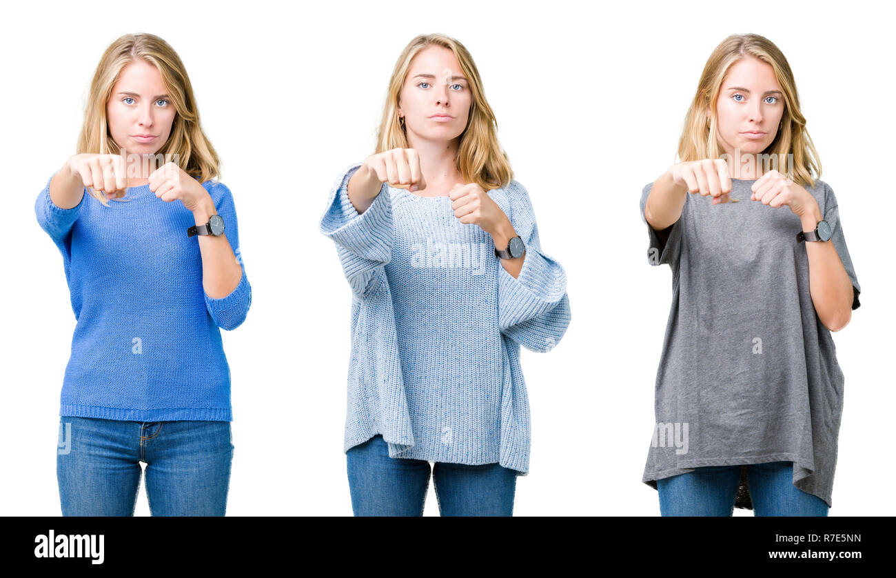 Collage of beautiful blonde woman over white isolated background ...