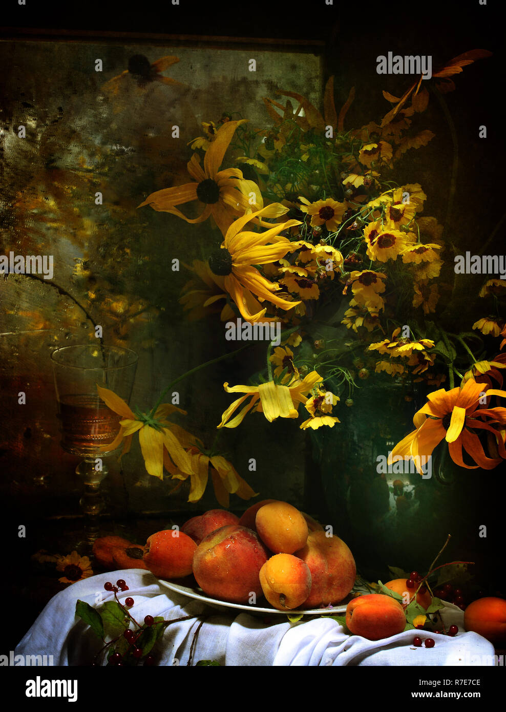 Still life with yellow flowers and apricots Stock Photo - Alamy