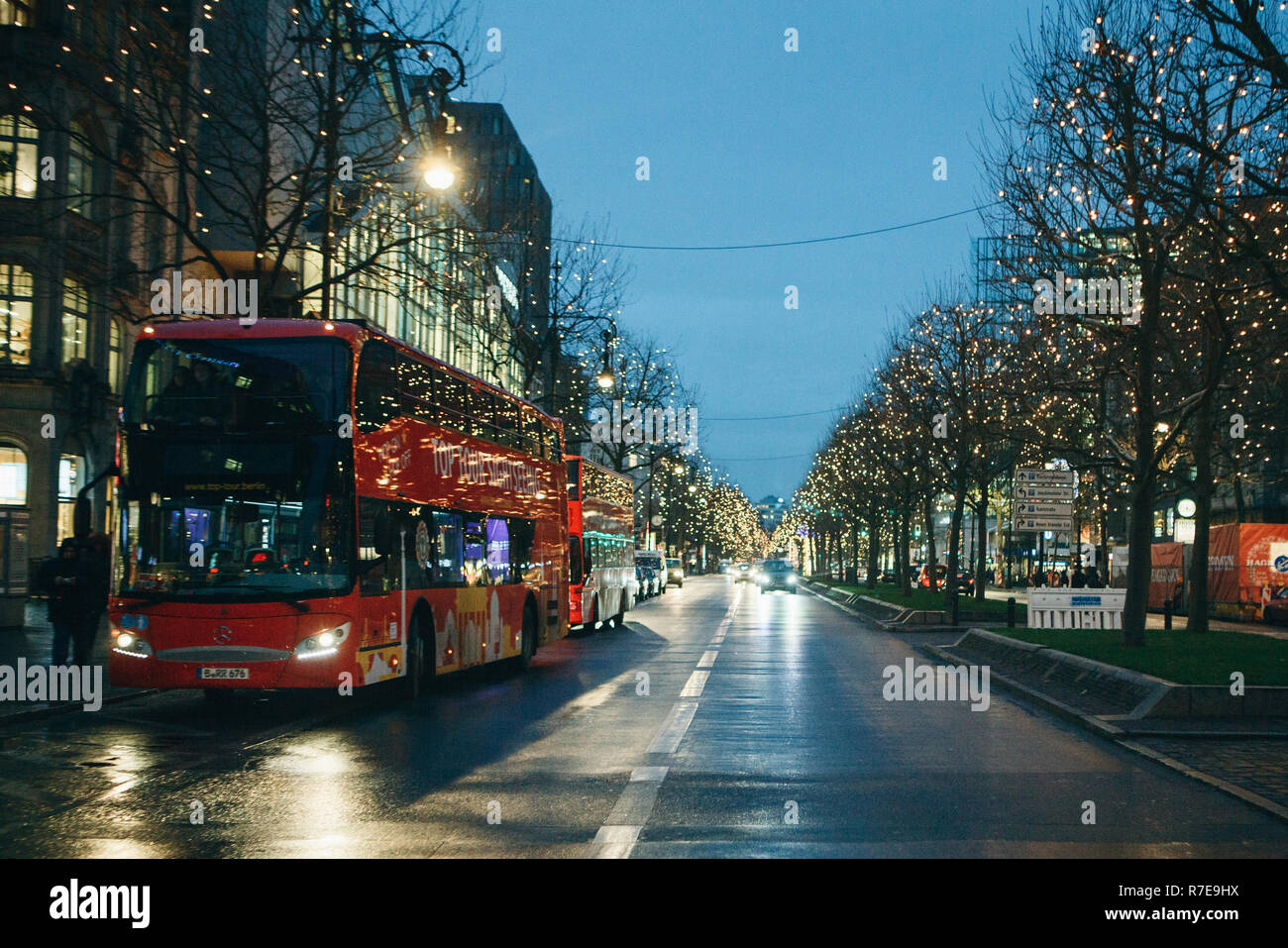 Berlin, December 25, 2017: Beautiful view of the decorated street and ...