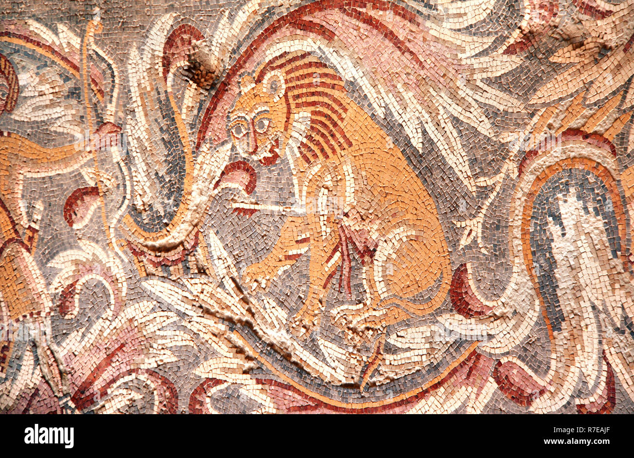 Ancient byzantine natural stone tile mosaics with a wounded lion and ...