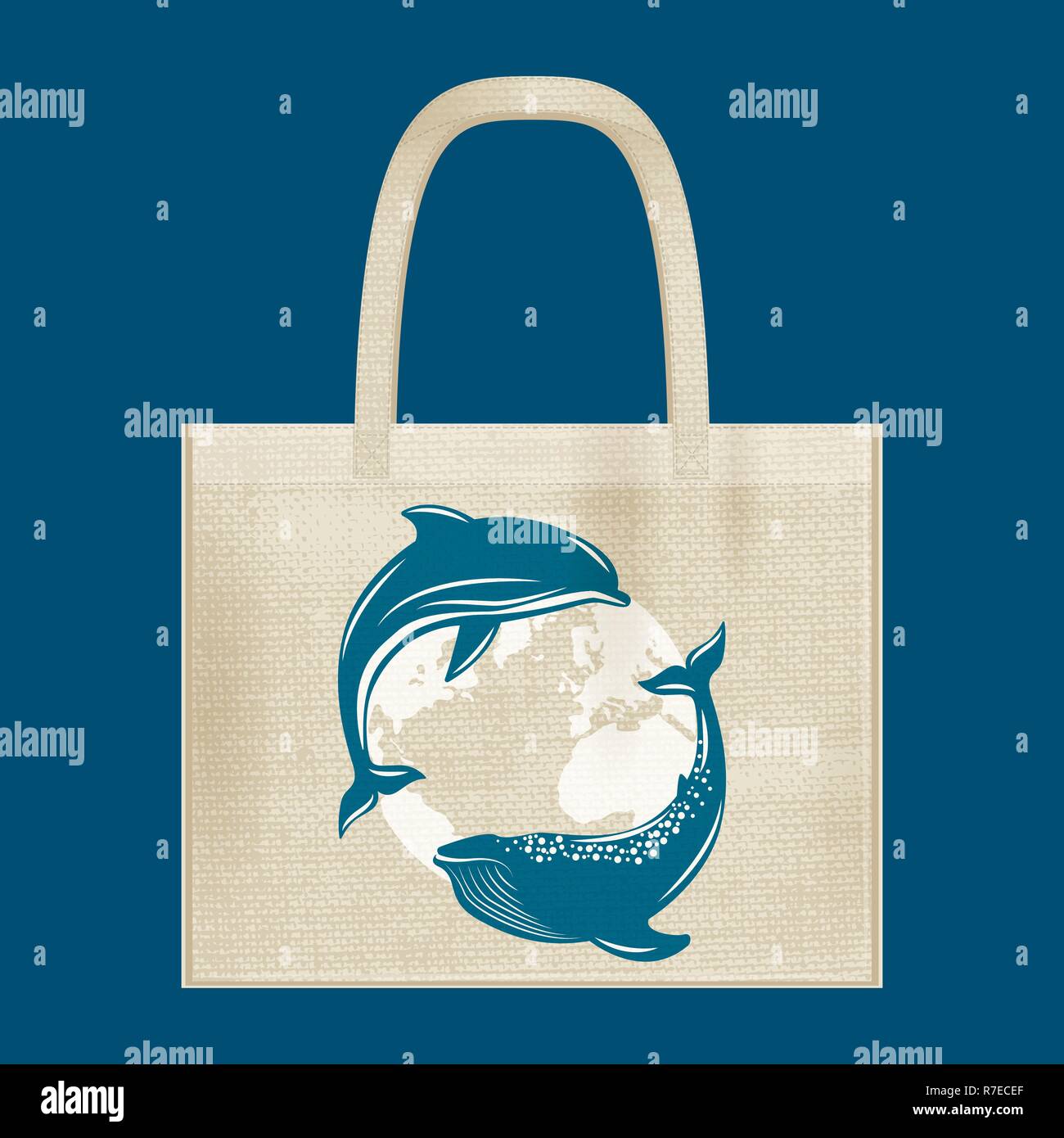 Canvas cotton textiles eco bag. Whale, dolphin, planet Earth. Natural ...