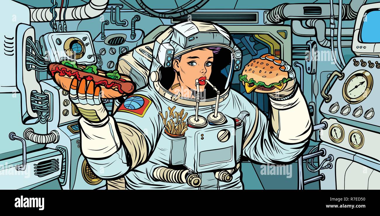 Woman astronaut eats in a spaceship. Cola, hot dog and Burger fast food ...