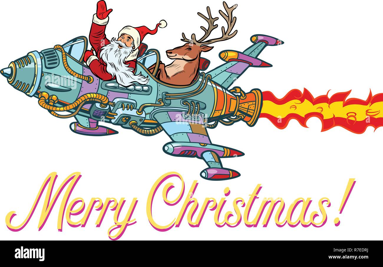 Merry Christmas. Santa Claus with a deer flying on a rocket. Pop art ...