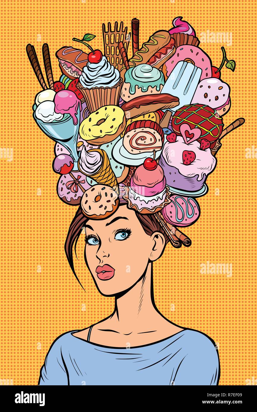 Hungry woman thoughts concept. Sweets baking birthday. Pop art retro ...
