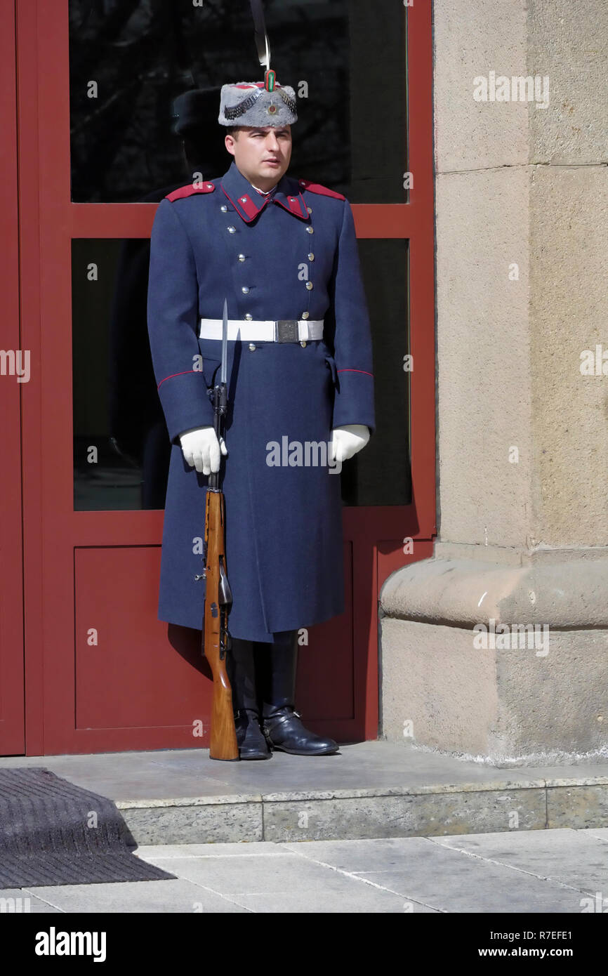 Presidential sentry in his winter uniform guards the president's office in Sofia,Bulgaria Stock ...