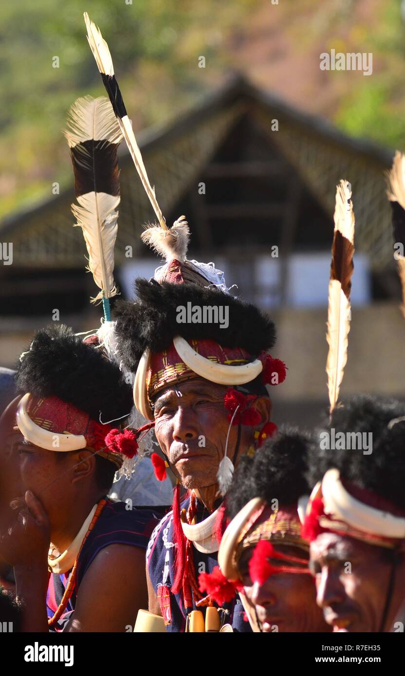 Kisama, India, Dec 09, 2018: Members of Naga tribes in thier ...