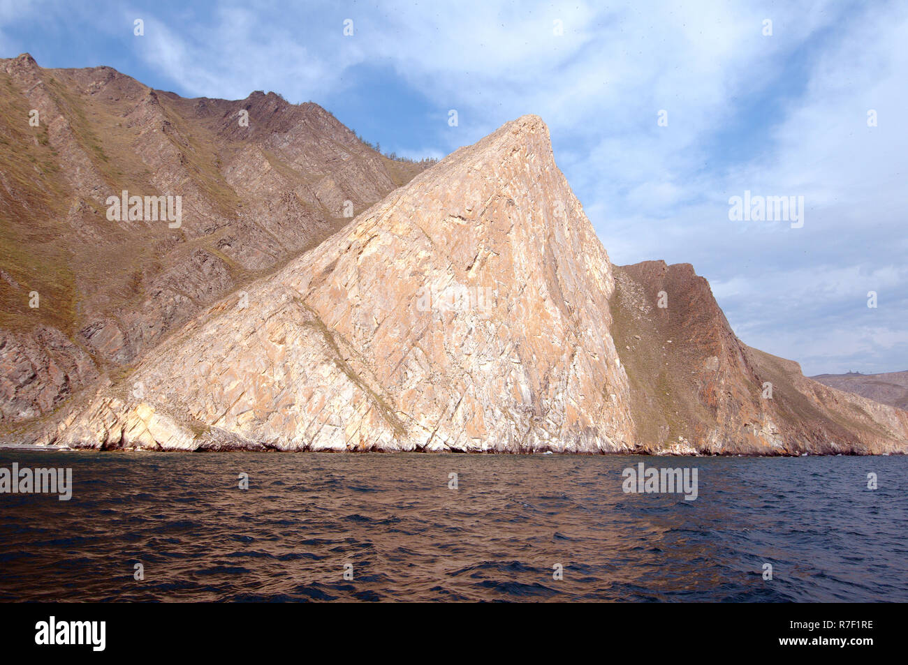 Triangular rock of white marble, Cape Orso, Lake Baikal, Siberia ...