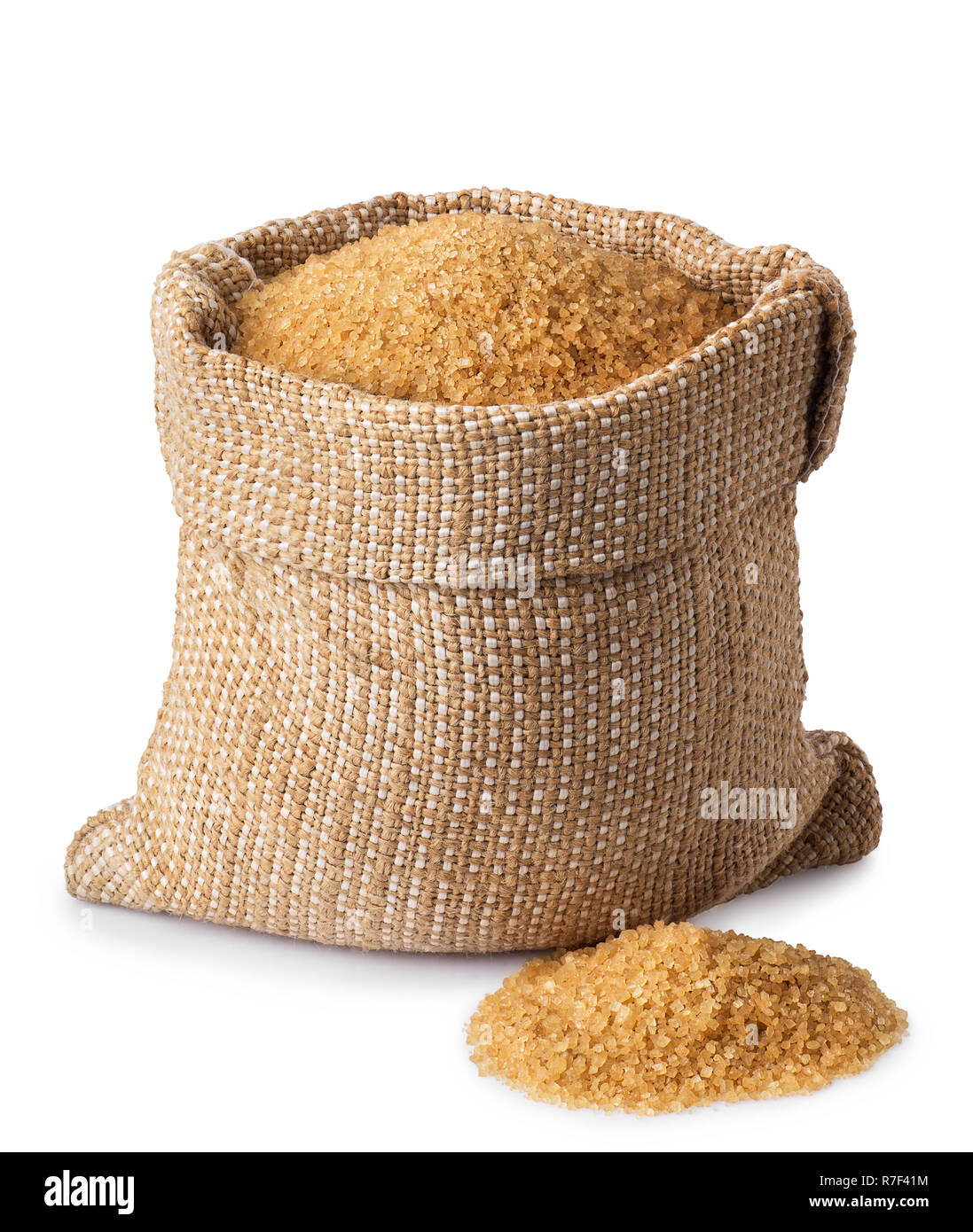 brown cane sugar in burlap bag isolated on white background Stock Photo ...