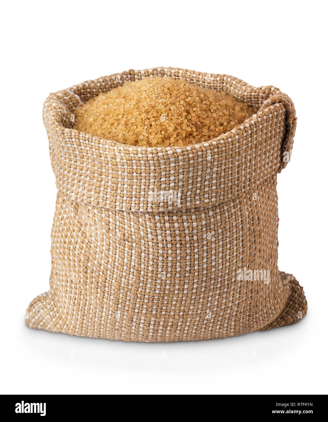 brown cane sugar in burlap bag isolated on white background Stock Photo ...