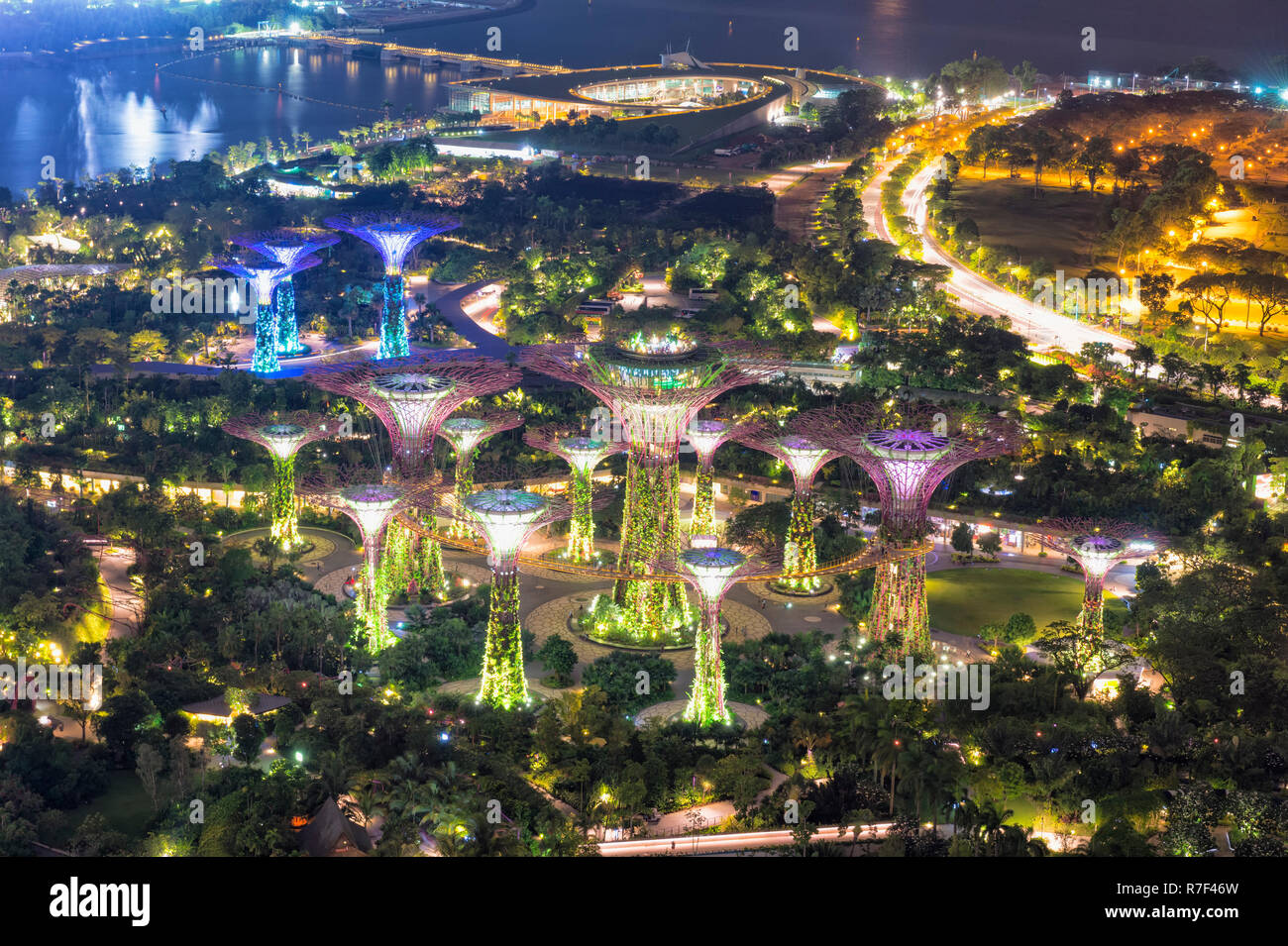 The Supertree Grove, Gardens by the Bay at night, Singapore Stock Photo ...
