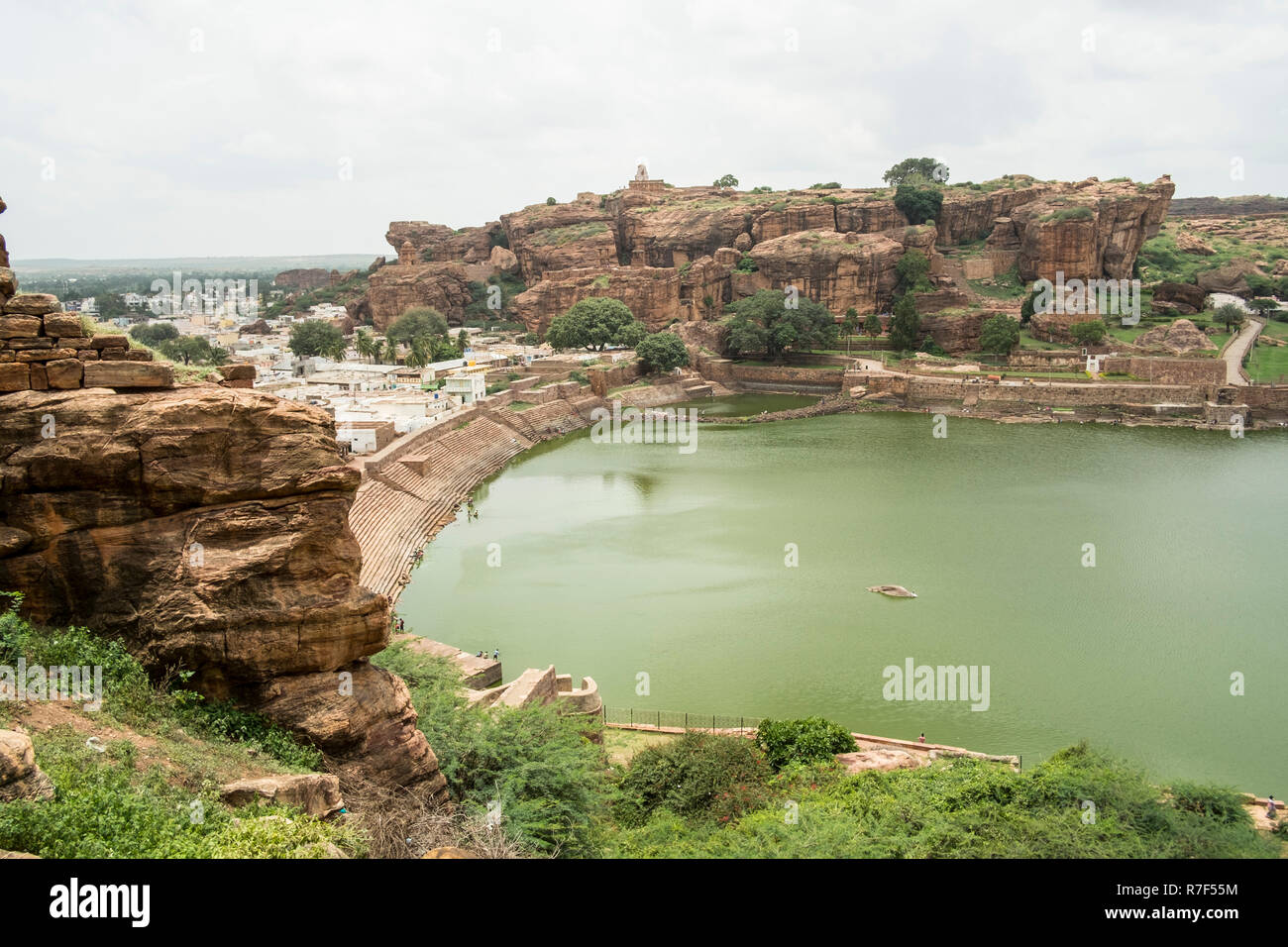 Aerial view of the Badami Cave Temples complex in Badami in Karnataka ...