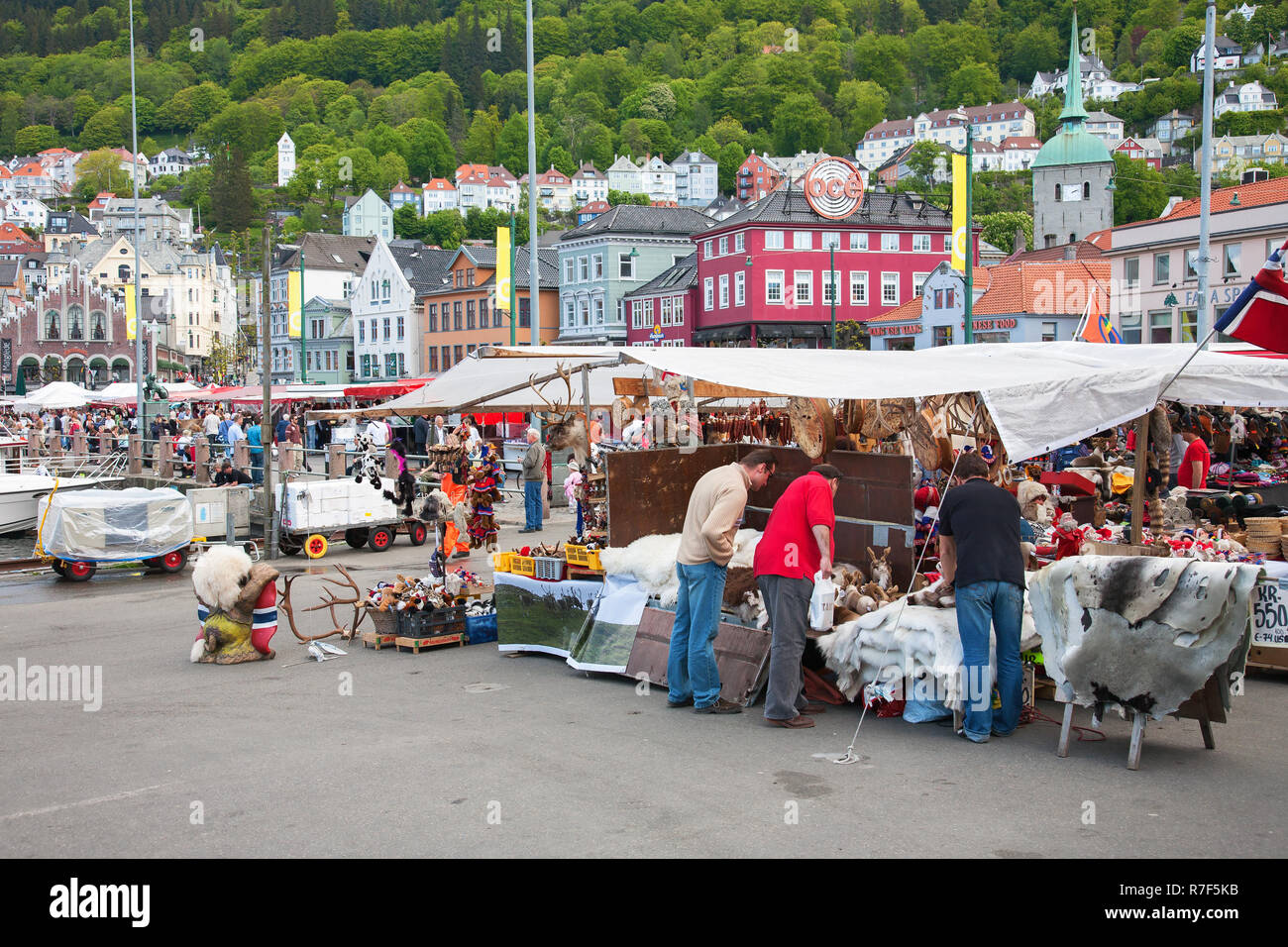 Market trading with souvenir on the square in the city of Bergen in ...