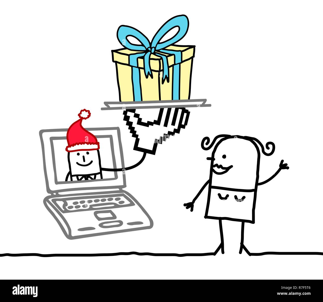 Hand Drawn Cartoon Woman with Laptop and Santa man Offering a Present ...