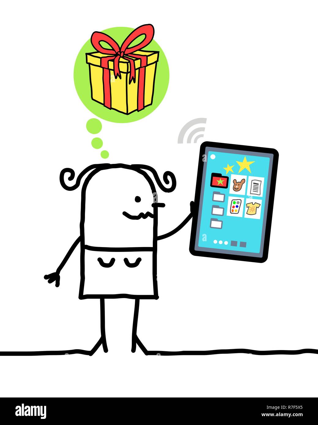 Hand Drawn Cartoon Woman Connected with Tablet and Gifts Catalog Stock ...