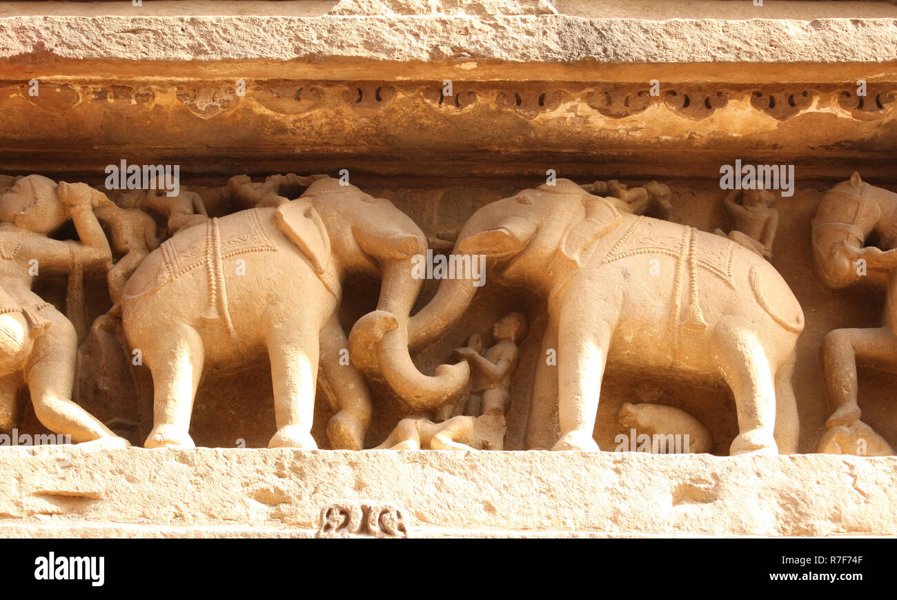 Famous elephants sculptures at temple in Khajuraho, India Stock Photo ...