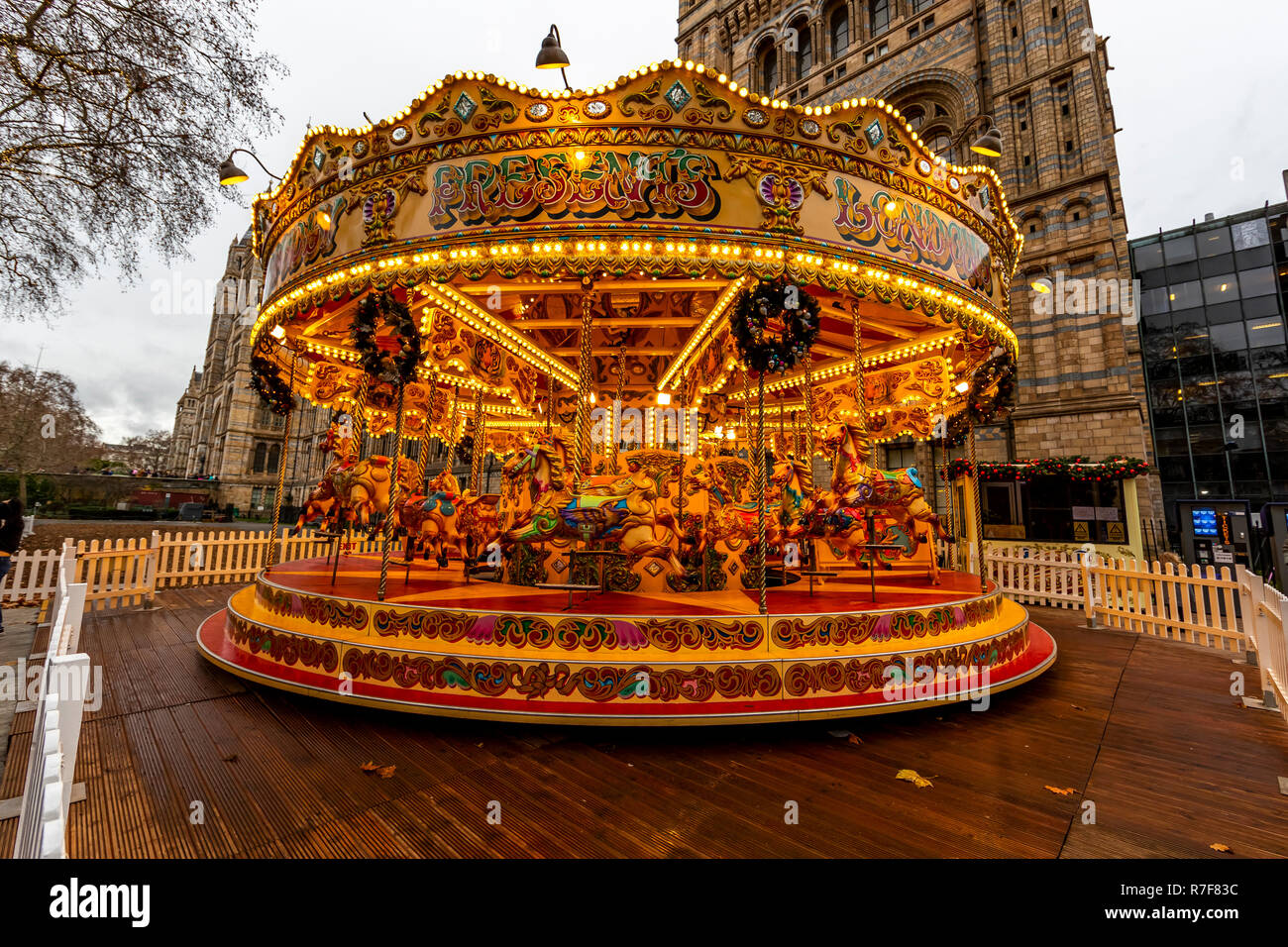 Christmas merry go round at the Natural History Museum, London. UK ...