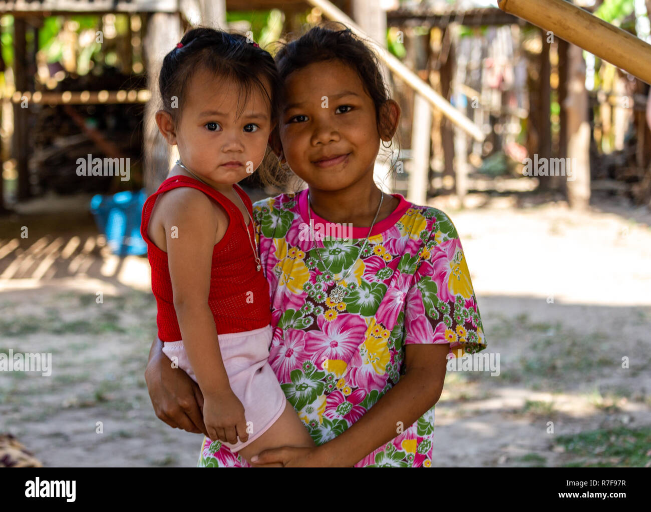 Don Daeng, Laos - April 27, 2018: Local children posing in a remote ...