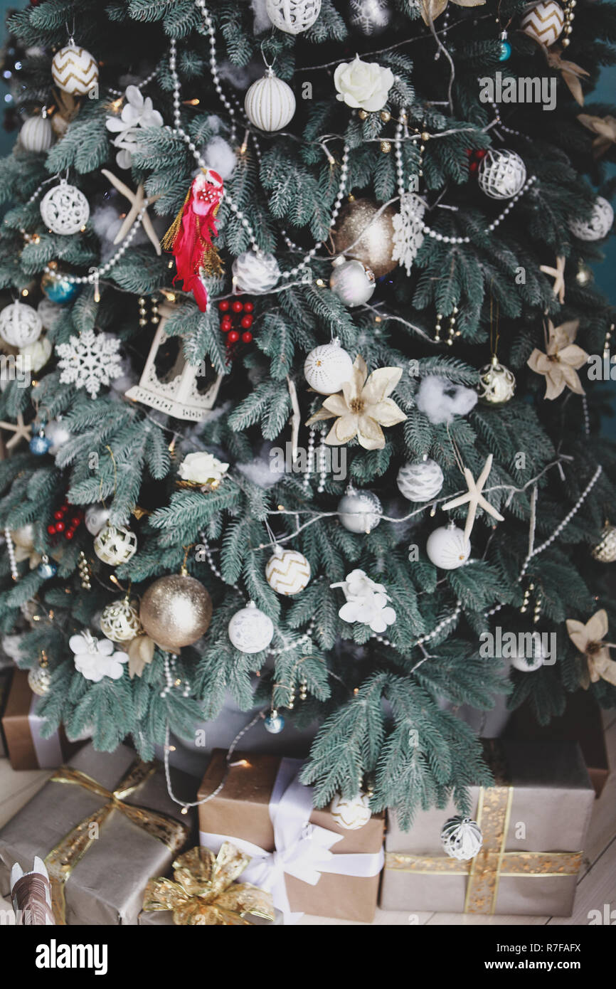 Christmas and New Year tree and decorations Stock Photo - Alamy