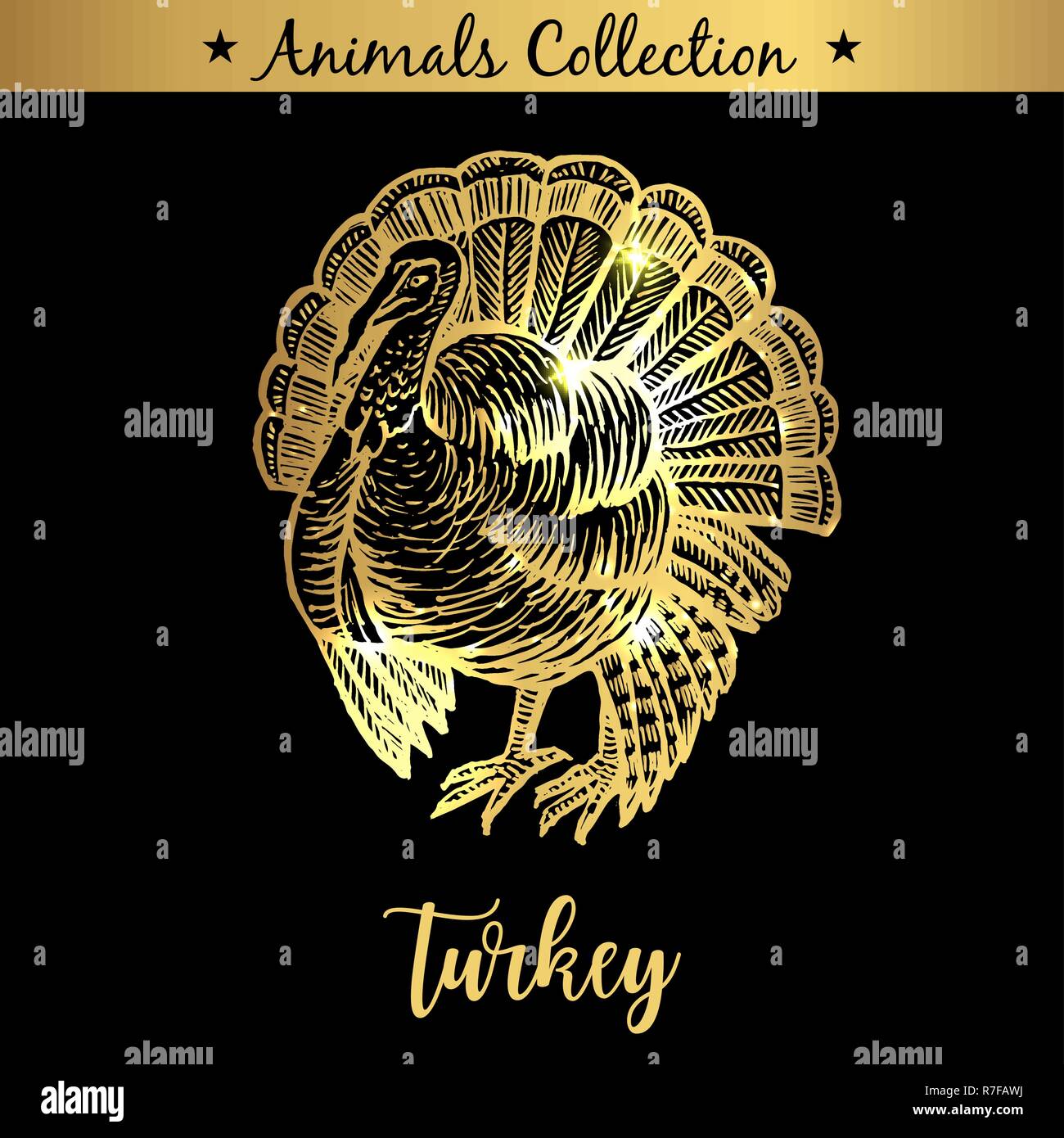 Golden and royal Hand Drawn Emblem of farm Turkey animal. Butchery shop ...