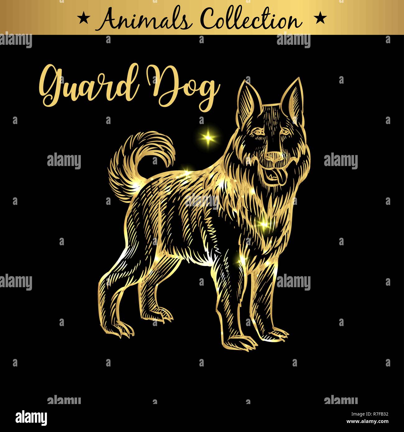 Golden and royal Hand Drawn Emblem of farm Guard Dog animal. Butchery ...