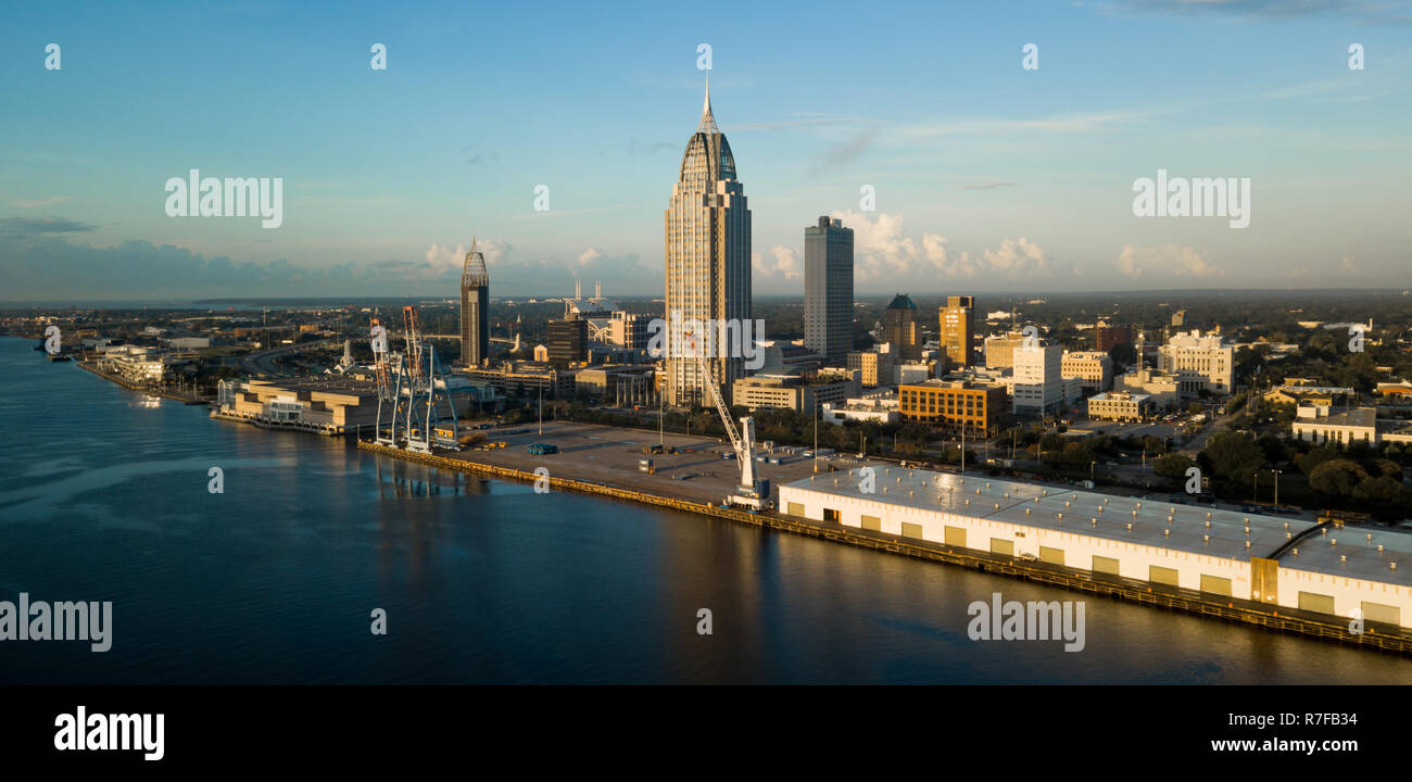Beautiful blue skies over the downtown city center in an aerial view of ...