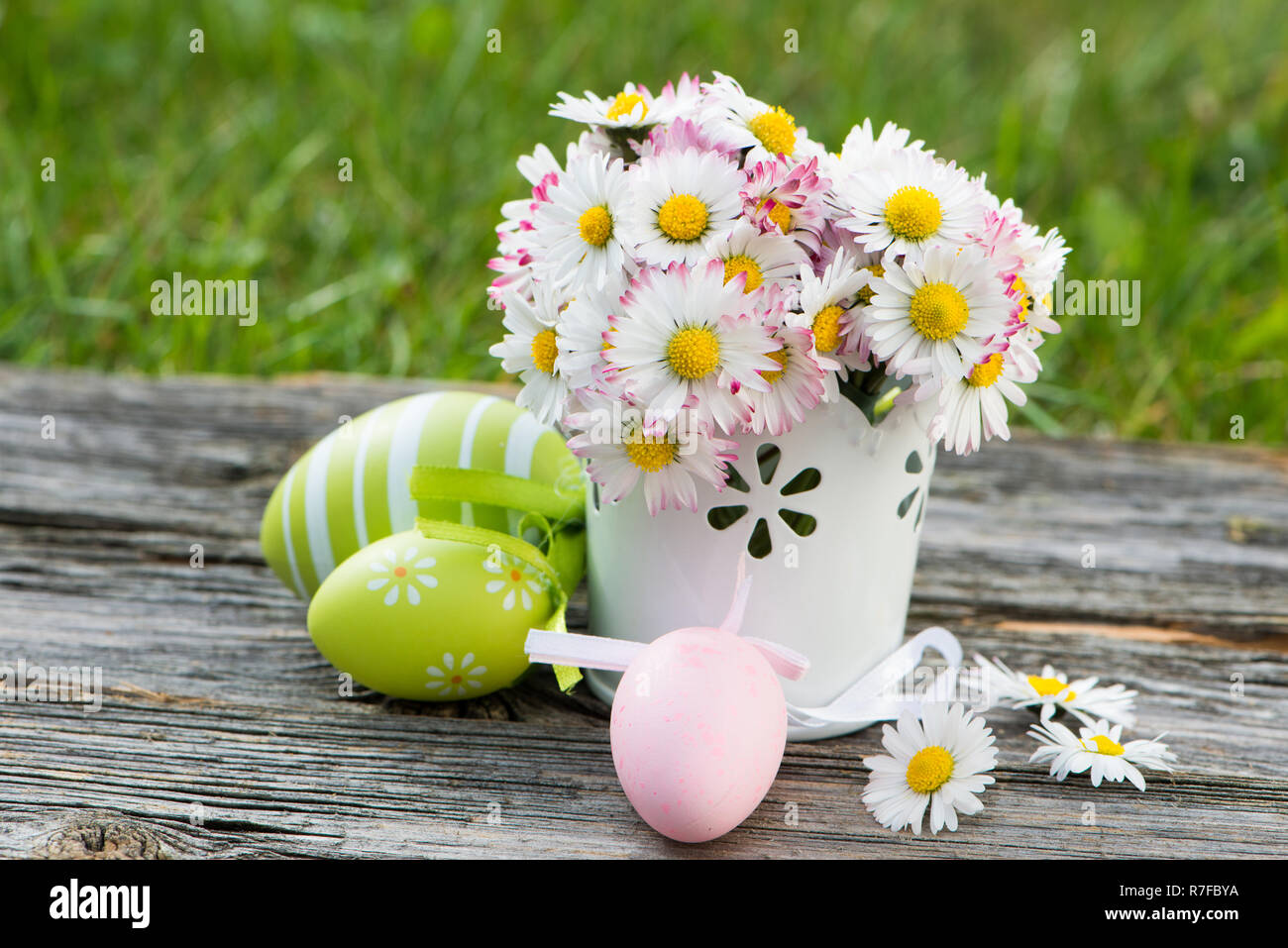 Daisy flowers with easter eggs Stock Photo - Alamy