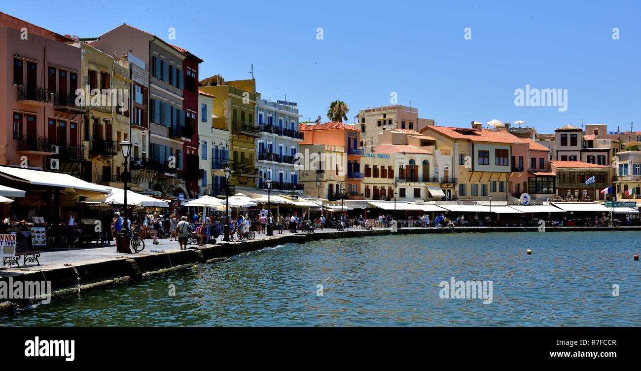 Chania, Crete - 5th July 2018:Visitors exploring the restaurants and ...