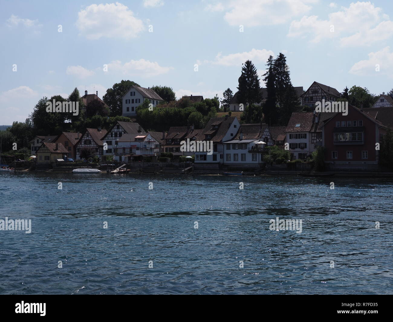 Scenic Rhine River landscape in european STEIN am RHEIN town in ...