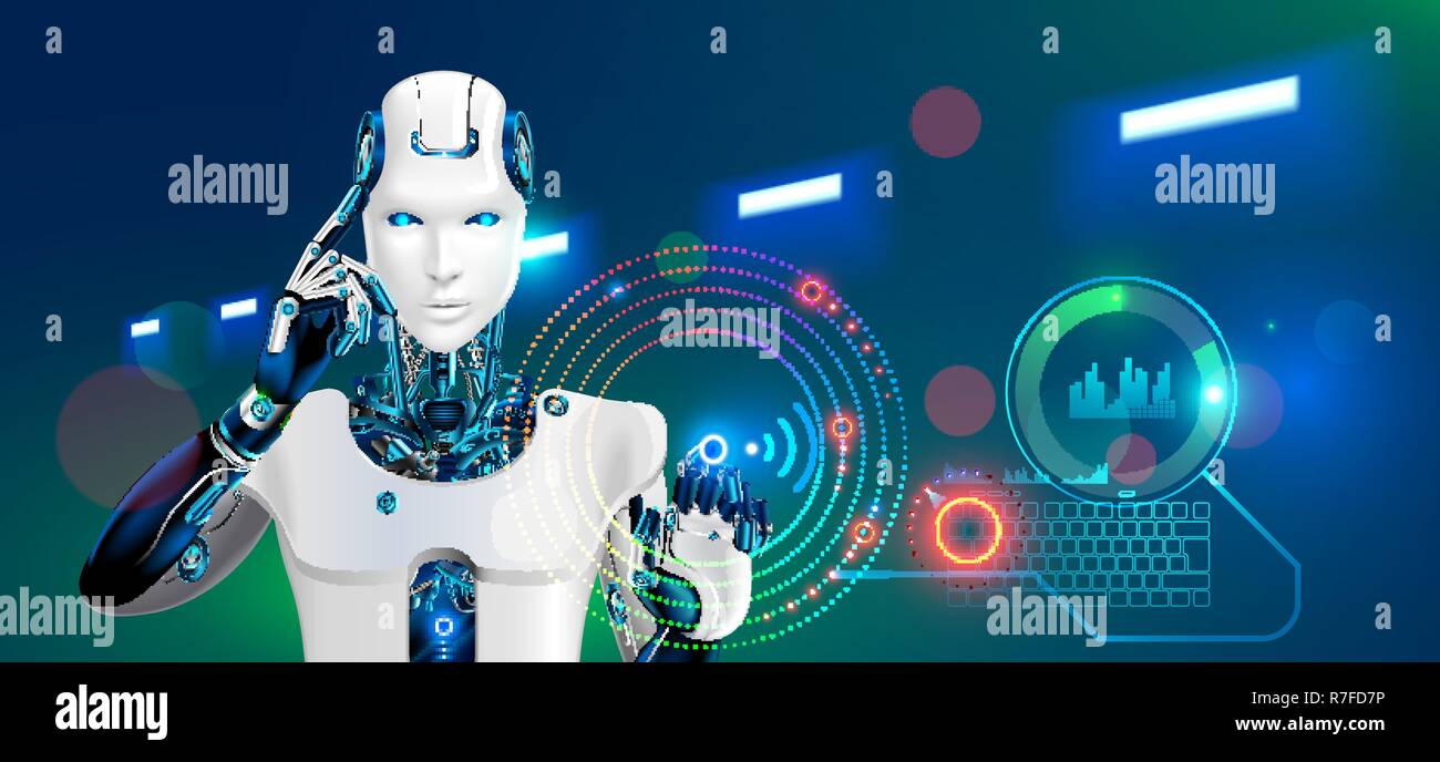 Robot works at factory. Humanoid cyborg or android with ai taps the ... Robot works at factory. Humanoid cyborg or android with ai taps the ...