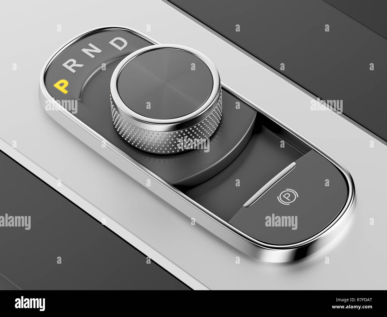 Rotary knob style gear selector on the central console in a luxury car ...