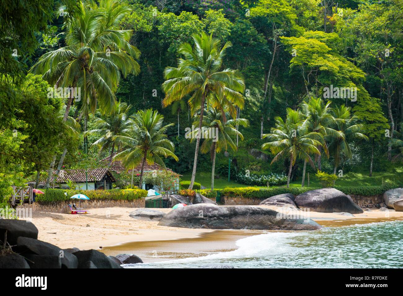 empty brazilean tropical beach with the house and lot of trees Stock ...