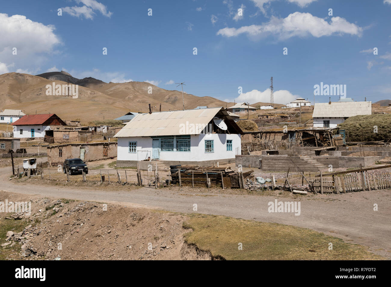 Sary-Tash, Kyrgyzstan August 21 2018: Residential house of border town ...