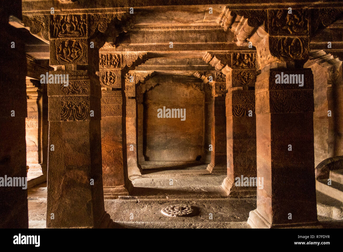 View inside one of the Badami Cave Temples in Badami in Karnataka ...