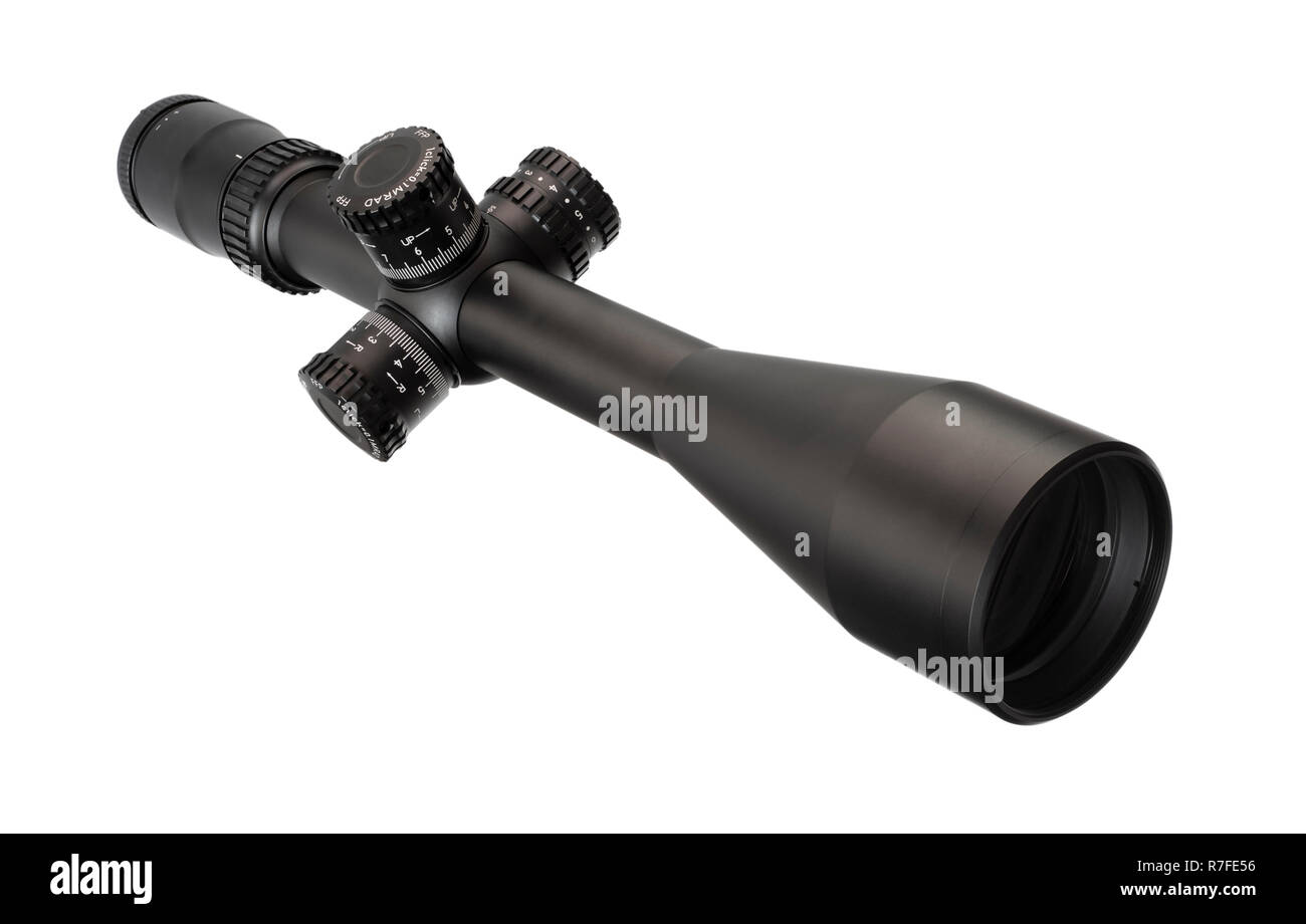 High powered rifle scope quartering toward the camera on white Stock ...