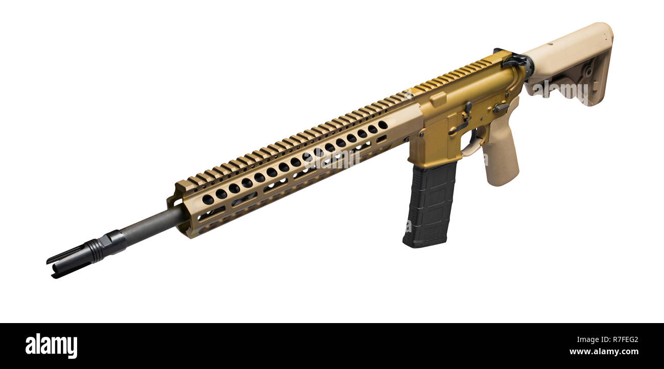 Assault rifle with bronze colored receiver isolated on white Stock ...